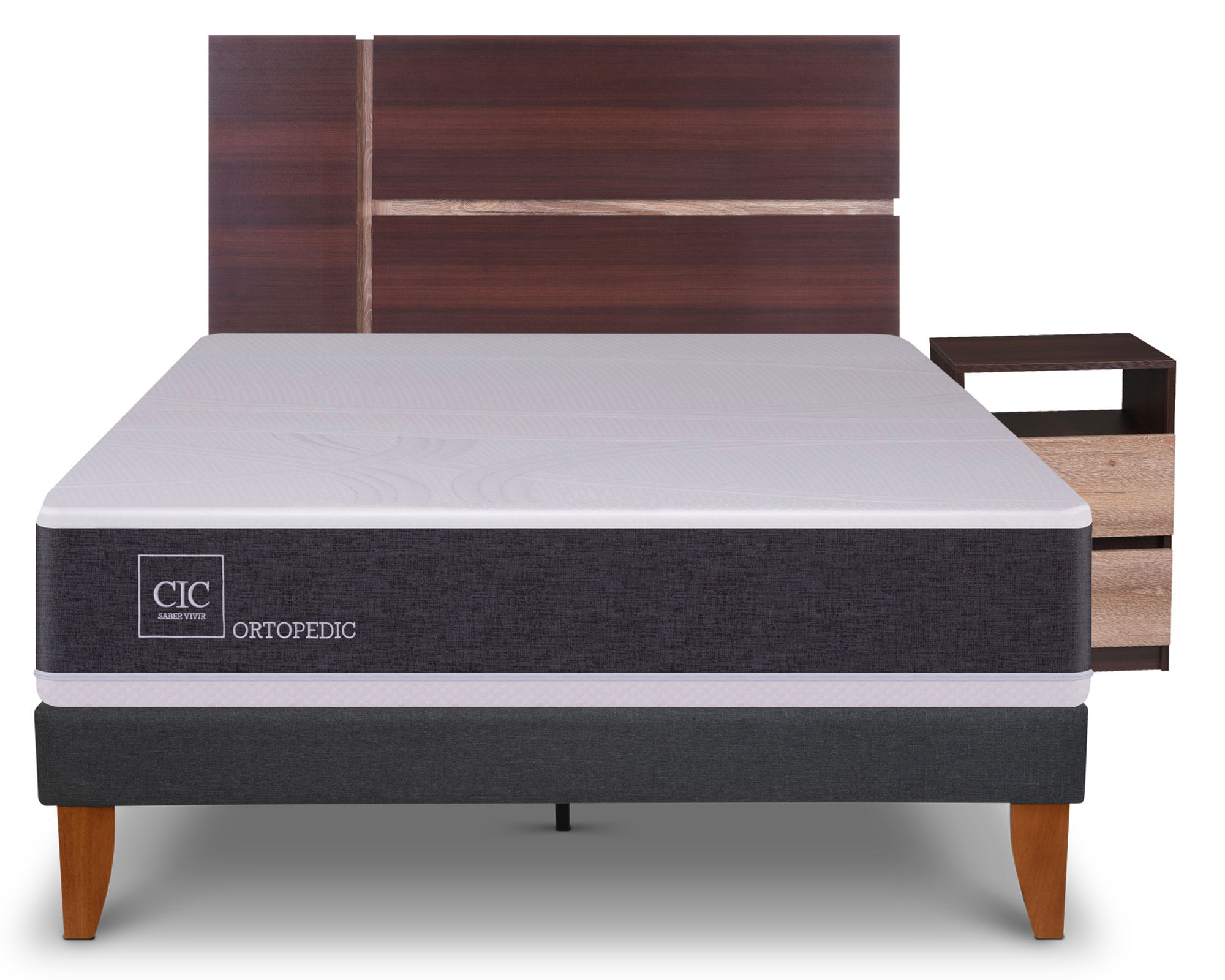 Cama europea Curve New Ortopedic 1.5 Enio + respaldo + velador Cic ...