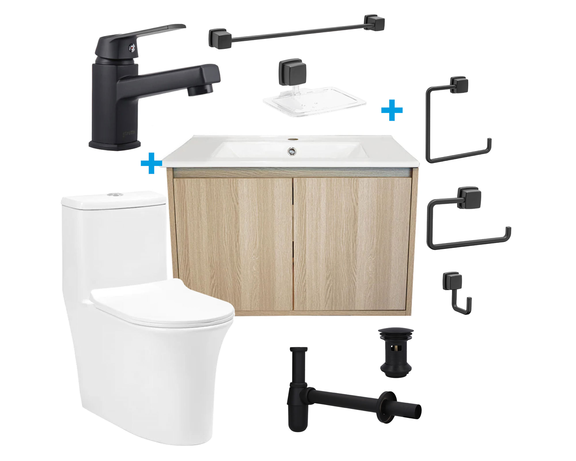 Mueble vanitorio Amelie 60 cm acacia Negro Mate + WC + grifería ...