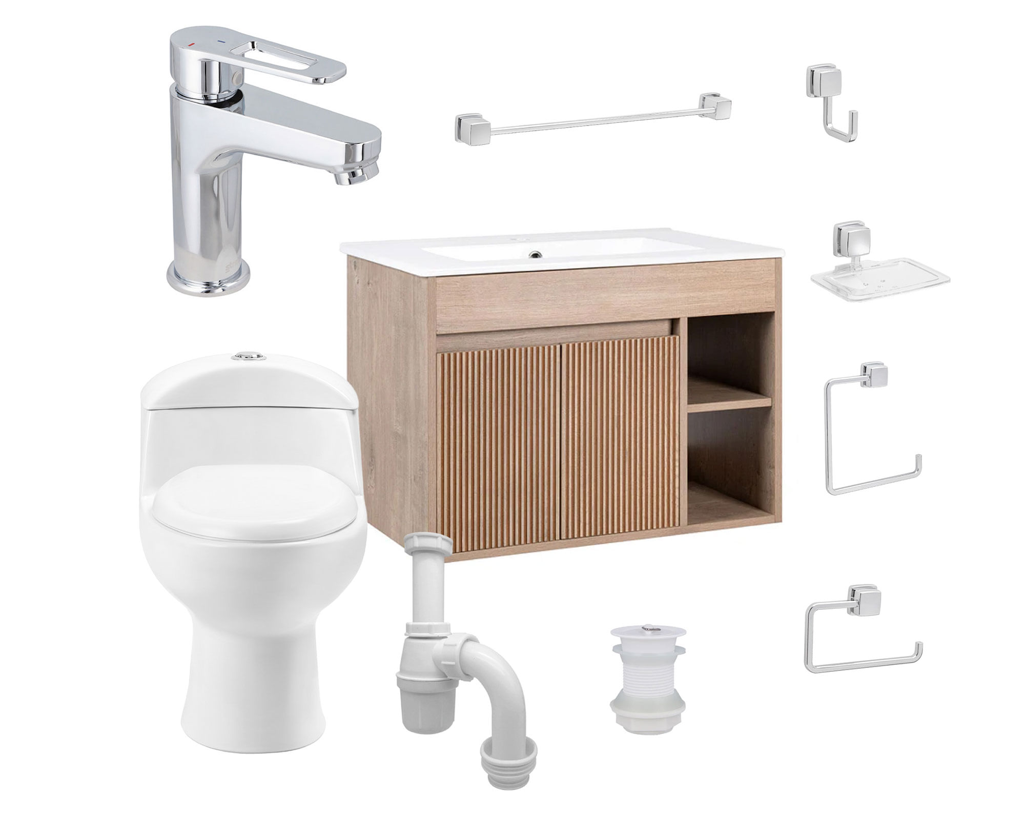 Mueble vanitorio Lille 60 cm texturado lenga + WC + grifería + desagüe ...